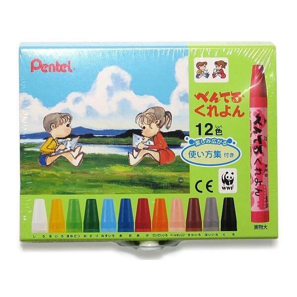 【6個セット】 ぺんてる くれよん12色 使い方集付 PTCR-12●だいだい・ちゃ・赤・きいろ・みずいろ・きみどり・みどり・青・はいいろ・黒・白の12色セットくれよんの使い方を載せた使い方集付・内容：12色