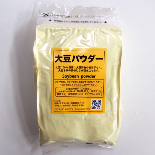 大豆100％使用しております。  大豆特有の臭みがなく大豆本来の 美味しさが引き立ちます。  パンやお菓子などの生地に適量混ぜて お使いください。  ※必ず加熱してお召し上がりください。  名称：大豆粉 原材料：大豆（アメリカ、IP管理済み...