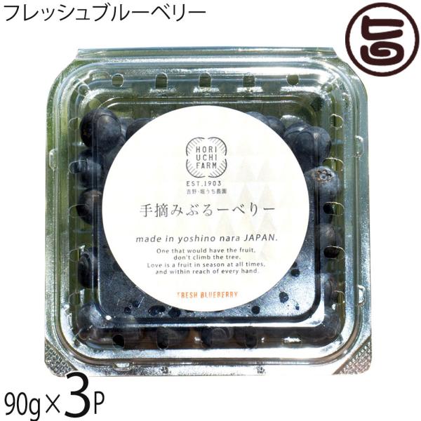 【名称】フレッシュブルーベリー【内容量】90g×3P【賞味期限】到着後1週間以内にお召し上がりください。【保存方法】到着後すぐにパックのまま冷蔵庫にて保存ください。【栄養成分表示】（100g当り）エネルギー 49kcal、たんぱく質 0.5...