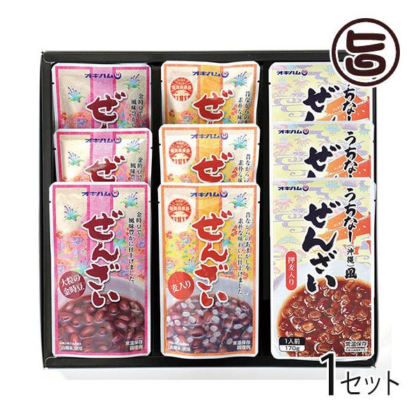 【名称】豆・麦の甘煮【内容量】・ぜんざい大粒金時 180ｇ×3・麦入りぜんざい 180ｇ×3・うちなー風ぜんざい押麦入り 170ｇ×3【賞味期限】製造日より１年【原材料】〔ぜんざい大粒金時〕金時豆、砂糖、地下浸透海水、食塩、増粘剤(タマリン...