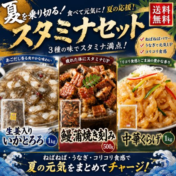 【送料無料】夏のスタミナセット夏の元気を応援する人気の海鮮3品をセットにしました。ふっくら香ばしい「鰻蒲焼き刻み」、あごだし香る爽やかな味わいの「生姜入りいかとろろ」、コリコリ食感とごま油の風味がクセになる「中華くらげ」。それぞれ異なる食感...