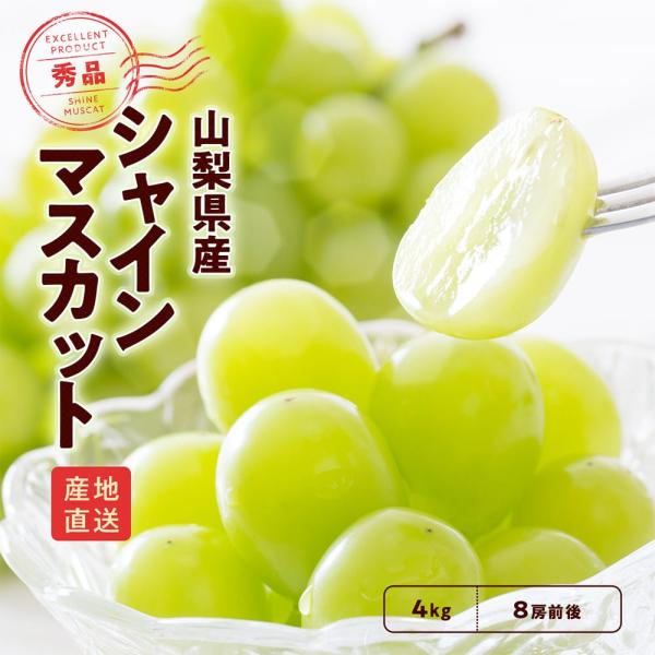 山梨県産シャインマスカット。地元農家さんより直接仕入れ、産地直送致します。名称（商品名） シャインマスカット産地名 山梨県内容量 4kg（8個前後）保存方法 商品到着後は直射日光・高温多湿を避けて冷暗所にて保管して頂きましてお早めにお召し上...