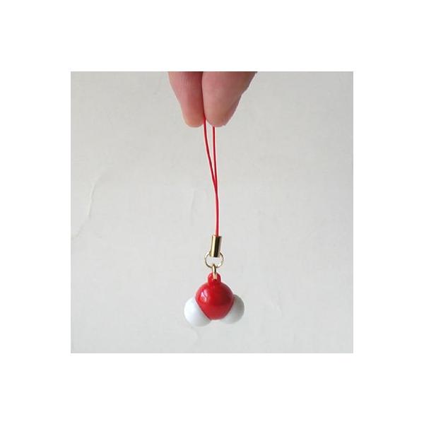 分子模型ストラップ・シリーズ。「水分子（Ｈ2Ｏ）」です。プラスチック製分子模型（YYS原子ブロック）倍率は約5000万倍。ヒモの部分の長さ：約５センチ。分子模型の大きさ：タテヨコ約２センチ。