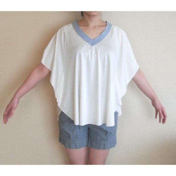 裾が切りっぱなしで簡単仕様の型紙です！ドレープのＡラインがスッキリ見せます！Ｖ衿部分はシャツ用のシャンブレーを使用しています。ご自身の個性で可愛い生地で作りましょう！お尻の隠れる着丈でパンツでもスカートでも合わせ易いプルオーバーです。〔内容...