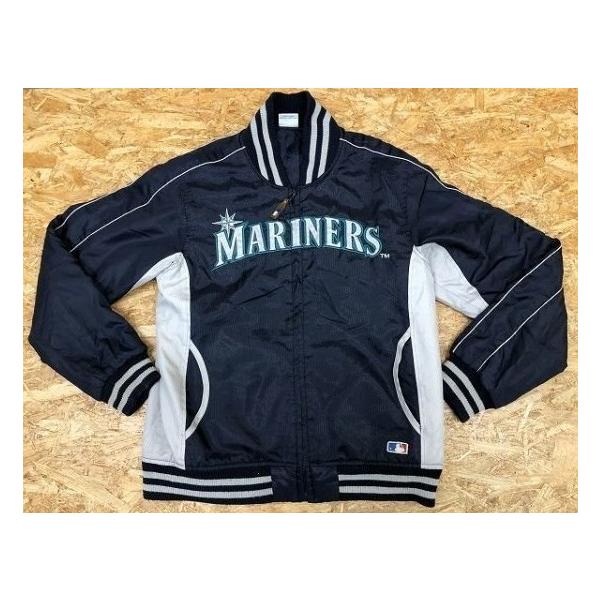 MLB MARINERS マリナーズ サイズ160cm キッズ ブルゾン 中綿入り ベースボールジャケット 若干薄手 一部ボーダー 長袖 グレー×ネイビー