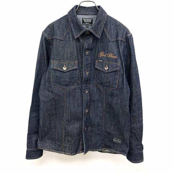 BRAVER - M 2 メンズ ウエスタン デニム トラッカージャケット Gジャン ジージャン 英字刺繍 ボタン留め 長袖 綿×ポリウレタン ブルー 青
