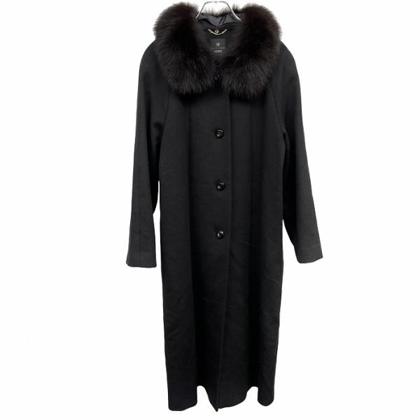 RIDERE 少し薄手 ステンカラーコート ファー脱着可 総裏地 無地 長袖 カシミヤ×ウール(ファー：ブルーフォックス) L 11AR 黒 レディース