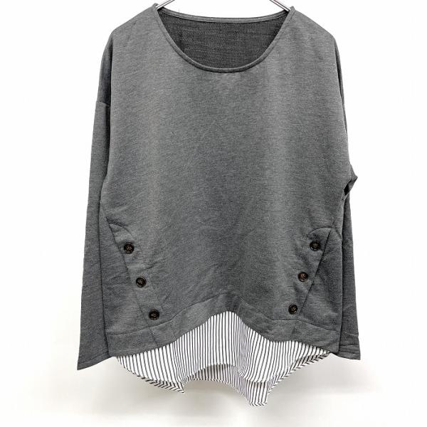 PREZZO - M-L レディース レイヤード風カットソー 重ね着風 裾ストライプ ミニ裏毛 飾りボタン 長袖 ロングテール ポリ100% ヘザーグレー