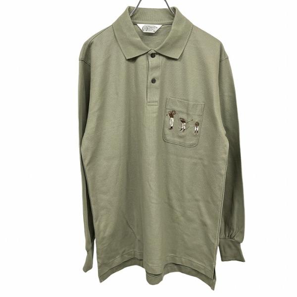 ウィナーズフラッグ Winner's Flag ゴルフ ポロシャツ 鹿の子 ゴルファーの刺繍 ポケット 長袖 日本製 綿100% M グリーン 緑 メンズ