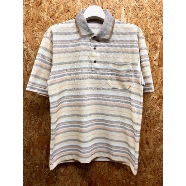 【日本製】 McLINTOCK マクリントック L メンズ ポロシャツ 鹿の子 ボーダー カットソー 半袖 ポリ×綿 ホワイト×オレンジ系×ブラウン系