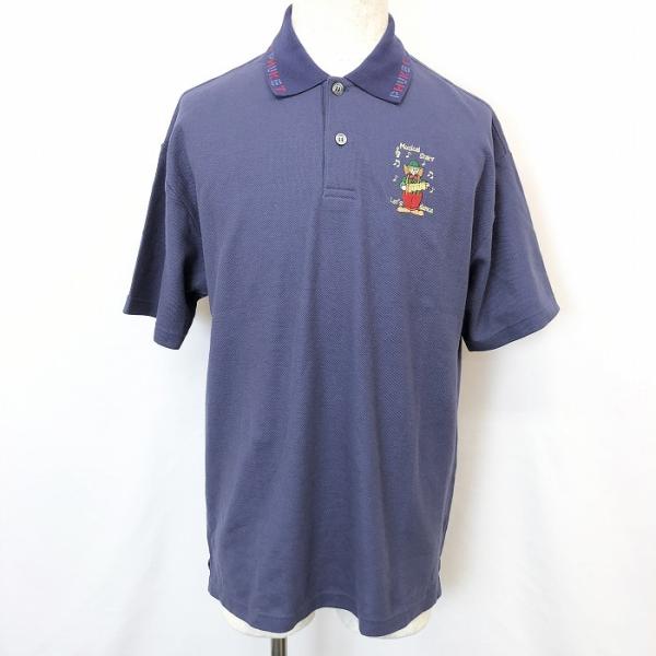PHUKET プーケット - メンズ ポロシャツ カットソー 鹿の子 アコーディオンを演奏するピエロの刺繍 古着 半袖 日本製 綿100% ネイビー 紺