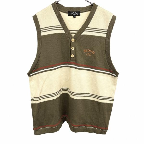 SNEAD USA ゴルフ カットソーベスト ノースリーブ ウッドボタン ボーダー 綿100% L グリーンカーキ 緑系×生成り×茶×オレンジ メンズ