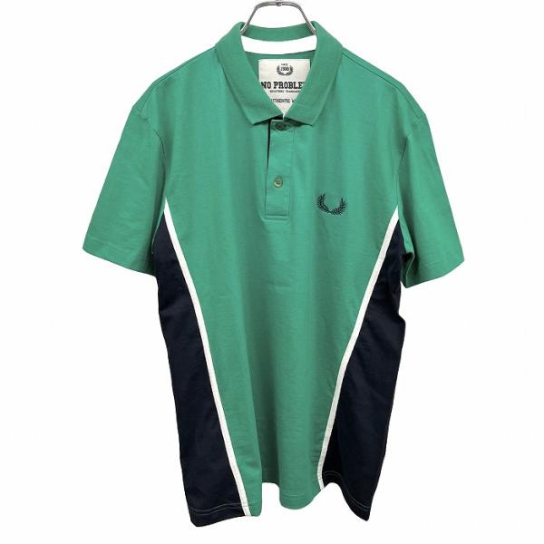ノープロブレム 【新品/訳アリ】NO PROBLEM ポロシャツ Tシャツ生地 植物刺繍 半袖 綿100% コットン100% M グリーン 緑×紺×白 メンズ