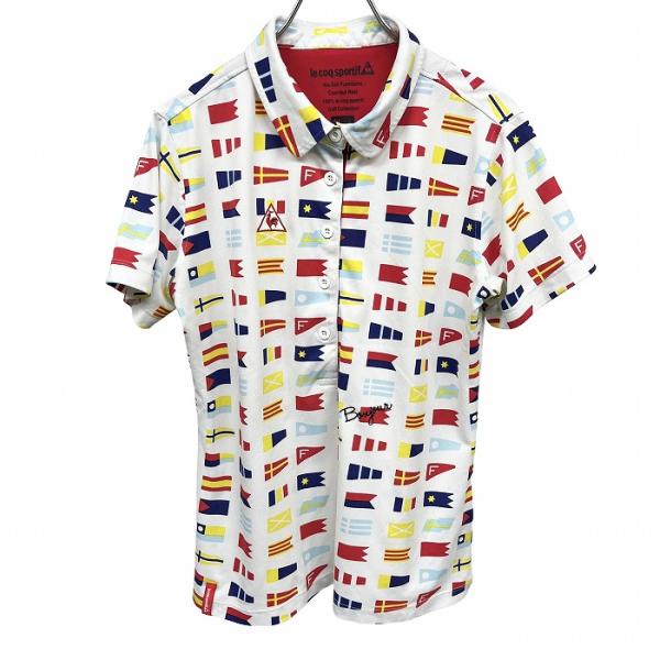 ルコックスポルティフ ゴルフ ポロシャツ 国旗柄 鶏の刺繍 半袖 ポケット無し ポリ100% LL XL ホワイト 白×紺×青×赤×黄 レディース