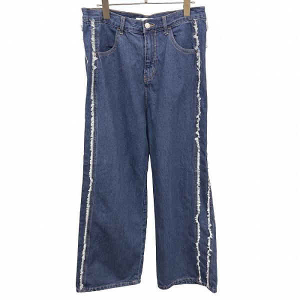 ジャバ JaVa デニム ワイドパンツ 無地 ストレート ジップフライ サイドがカットオフ風 綿100% コットン100% L ブルー 青 レディース