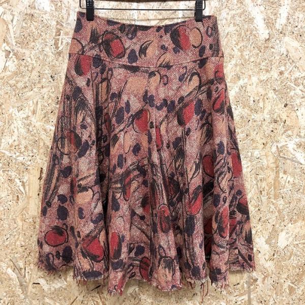 【日本製】 Vaudeville ボードビル レディース フレアスカート 裏地付き ひざ丈 アート柄 麻のような生地感 毛×ナイロン×その他 赤など