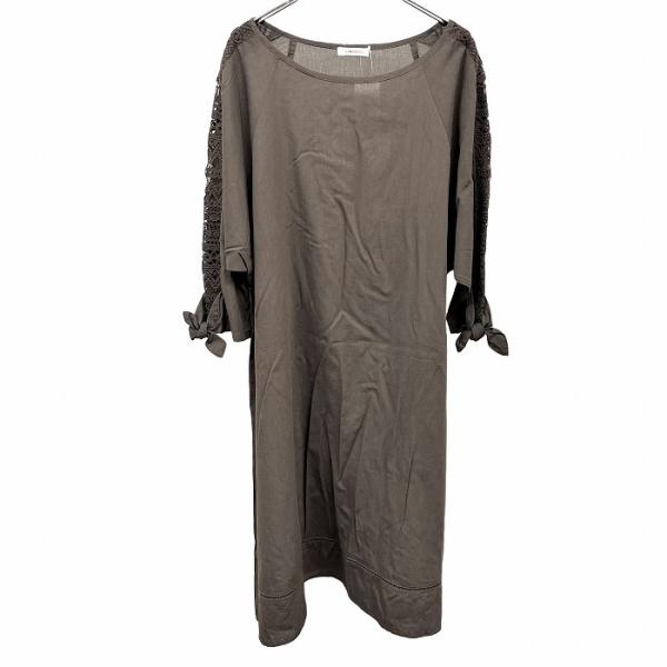 【新品】SELF+SERVICE 薄手 シャツワンピース シャツチュニック 袖レース 7分袖 綿×レーヨン L ヘザーダークブラウン 杢茶 レディース