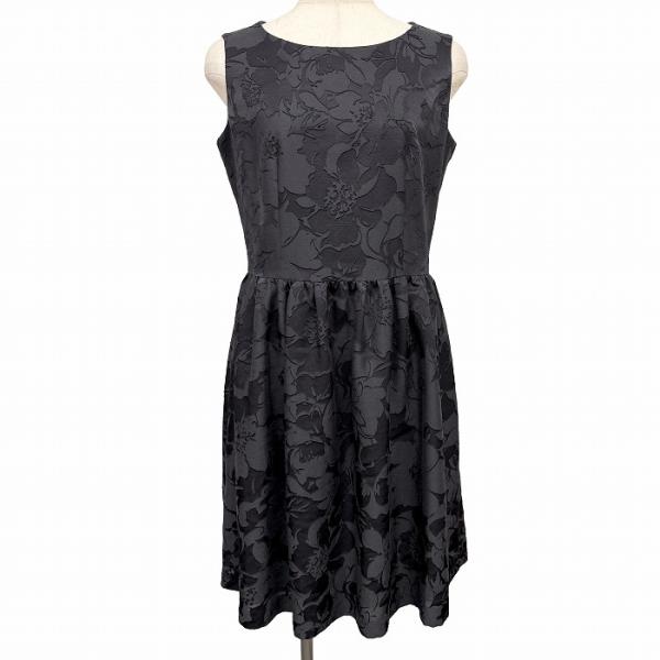 INFINE ノースリーブワンピース ひざ丈 花柄 ジャカード フレアスカート 裏地付き ポリなど L (11AR) ダークネイビー (黒？) レディース