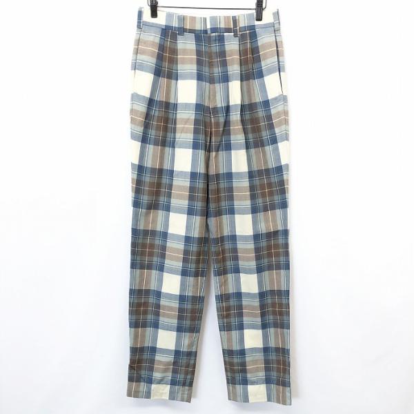 WIDE TRAKS ワイドトラックス M メンズ トラウザーズ スラックス テーパードパンツ チェック ウール100% ネイビー×ブラウン 紺×茶色