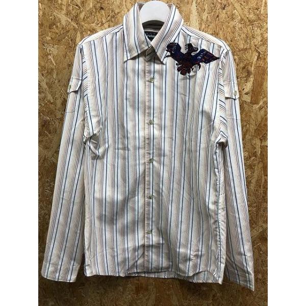 mil frutas designs バーンストーマー Mサイズ メンズ シャツ 胸に鳥の刺繍 マルチストライプ 長袖 綿100% オフホワイト×青×茶系など