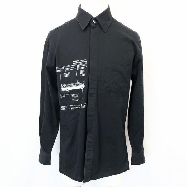 urb macrophage - - メンズ 長袖シャツ グラフィックプリント 英字 バス 車 ボックスカット 胸ポケット フライフロント 綿100% ブラック 黒