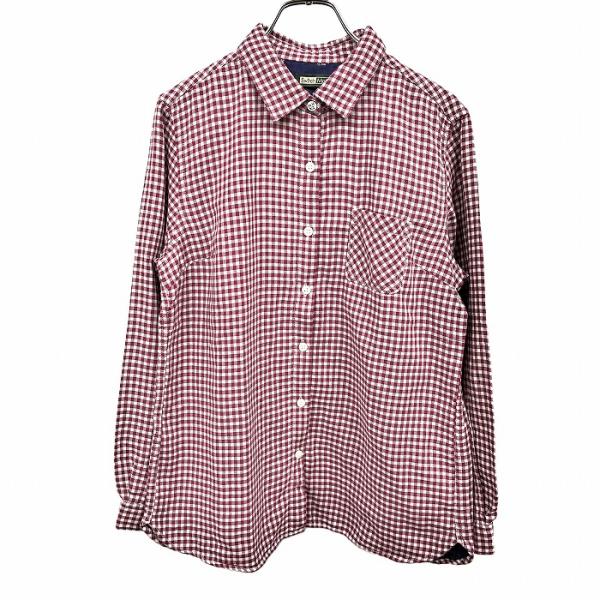 Switch Motion CROCODILE ダブルガーゼシャツ 長袖 チェック 内側がマリン柄 綿100% M レッドピンク ピンク系×白×紺 レディース
