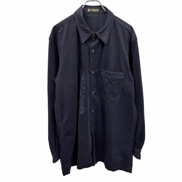 GRIFONI シャツ スエード調 英字刺繍 FERALmove 胸ポケット 長袖 ボックスカット フレンチフロント ポリ100% L ネイビー 紺 メンズ