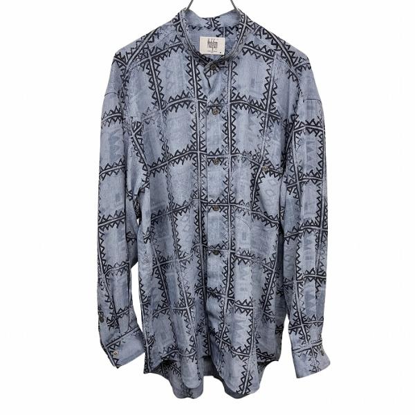 モディリアーニ Modigliani 薄手 とても薄い バンドカラーシャツ 民族柄風のウィンドウペンチェック 長袖 ポリ100% M ネイビー 紺 メンズ