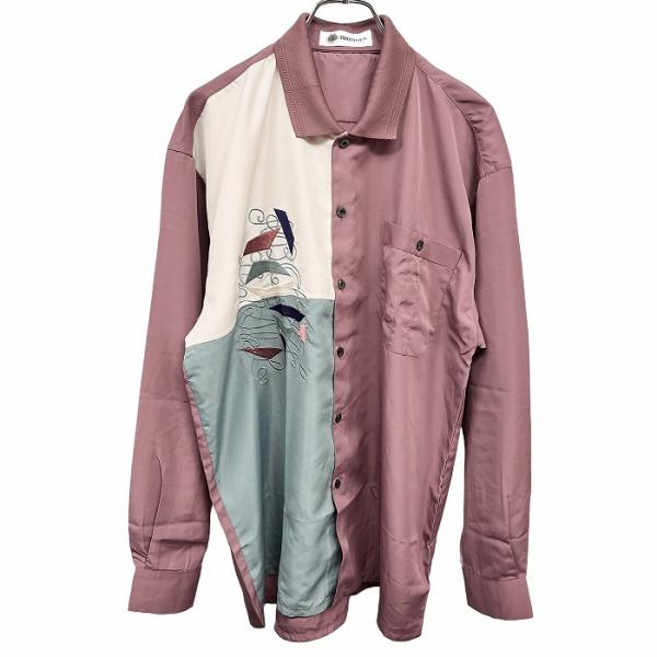 BRINGEN 少し薄手 シャツ リブ襟 刺繍 アート柄 切り返し生地 長袖 ボックスカット ポリ100% L パープル 紫×緑×紺×白系 メンズ