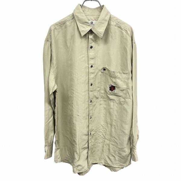 Jean Louis Fradet 薄手 とても薄い シャツ 刺繍 長袖 胸ポケット シルク100% 絹100% M ベージュグリーン 緑系×赤×青×白×黒 メンズ