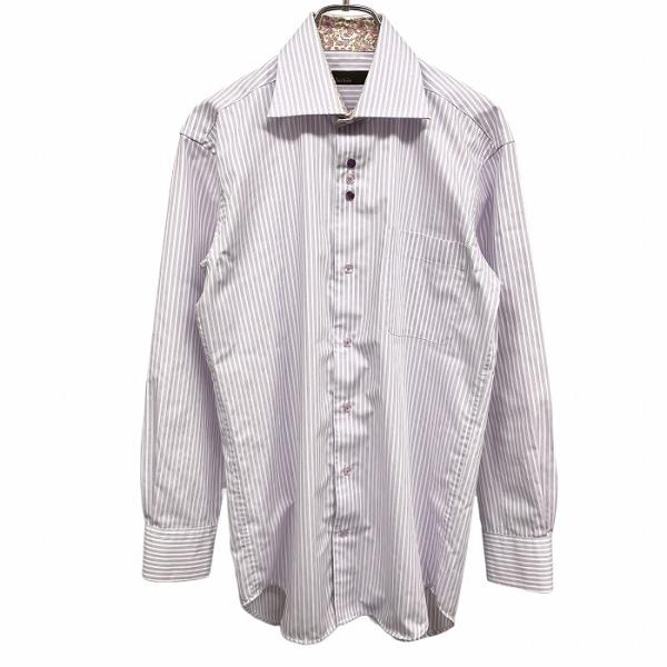 イスキア Ischia シャツ ストライプ 一部花柄 長袖 胸ポケット ポリ×綿 [えり回り：37/ゆき：80] パープル 紫×白×ピンク×緑 メンズ