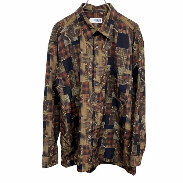 ボルシェビック BOLCHEVIK 総柄シャツ バティック×チェック 長袖 ボックスカット 胸ポケット ポリ100% L ブラウン 茶×紺 メンズ
