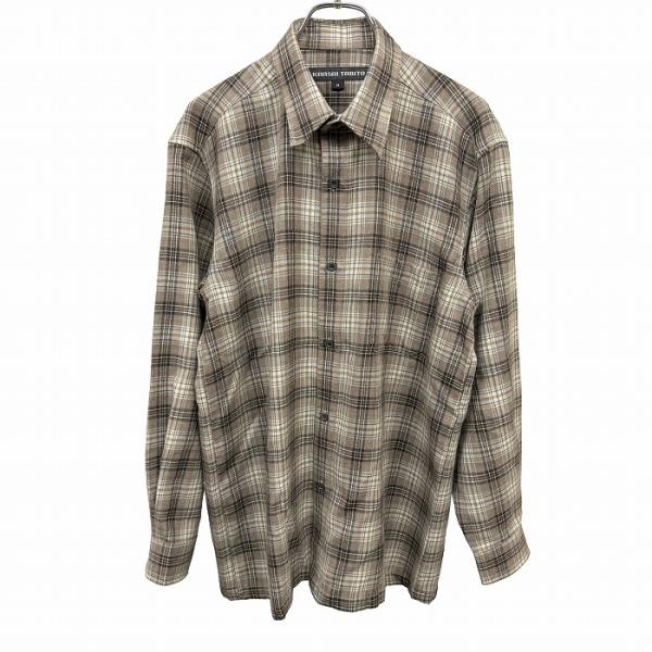 カンサイタビト KANSAI TABITO 微起毛 シャツ チェック 長袖 胸ポケット ボックスカット 毛100% M ダークベージュ ベージュ系×青 メンズ