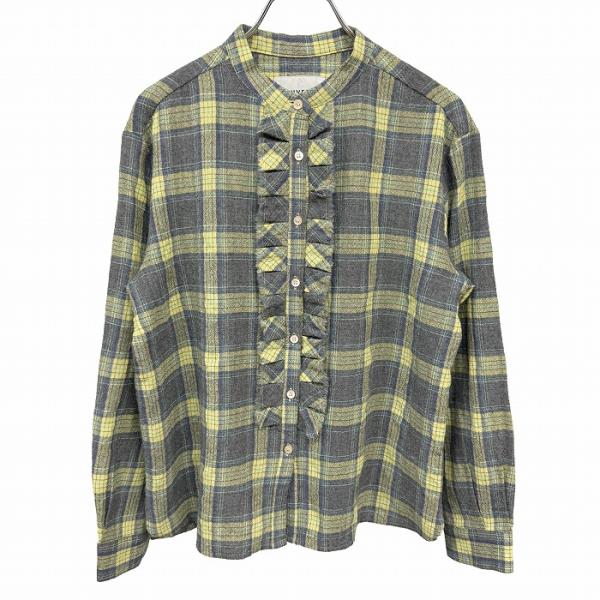 OUVERT ウールシャツ チェック バンドカラー 前立てフリル ボックスカット 長袖 日本製 毛×ナイロン F 紺×黄×青緑 レディース
