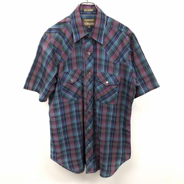 PLAINSMAN - M メンズ ウエスタンシャツ ドットボタン留め チェック 半袖 両胸ポケット ポリ×綿 パープル×ネイビー×グリーン×ブラウン