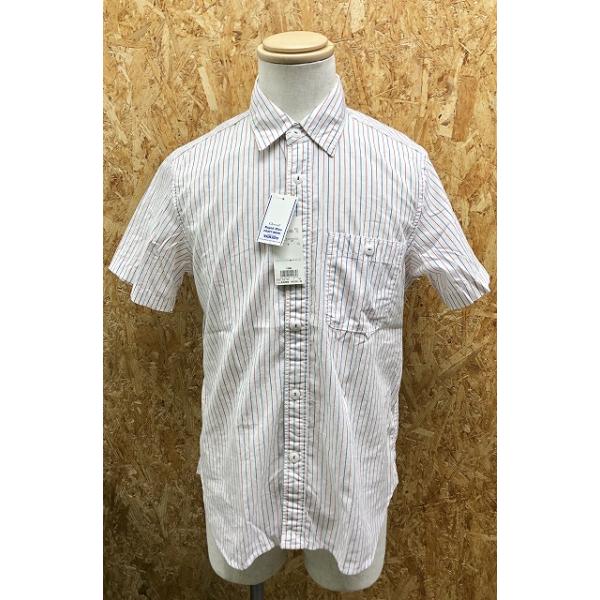 【訳アリ】 KERNEY HOUSE カーニーハウス M メンズ 若干薄手 シャツ ピンストライプ 胸ポケット 半袖 綿100% ホワイト×レッド×ブルー