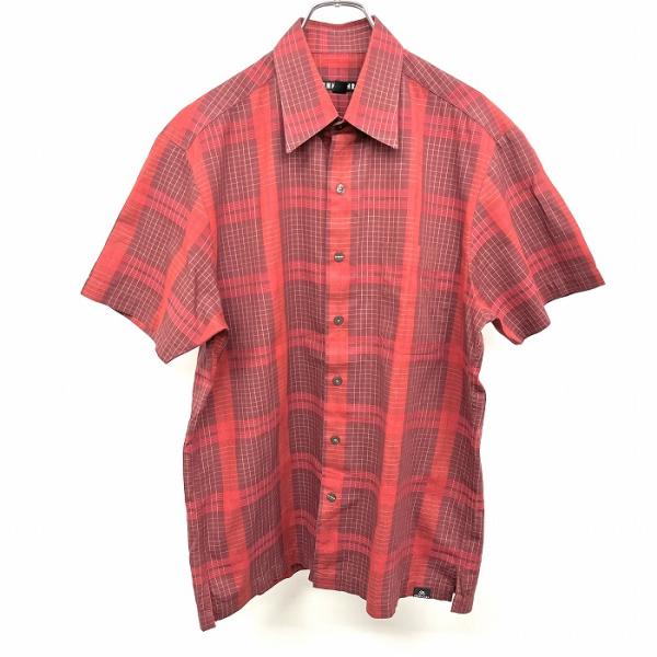 ジョンヘンリー JOHN HENRY シャツ 半袖 チェック ボックスカット 胸ポケット 綿100% L レッド系 赤系×赤茶系×黄緑×グレー メンズ