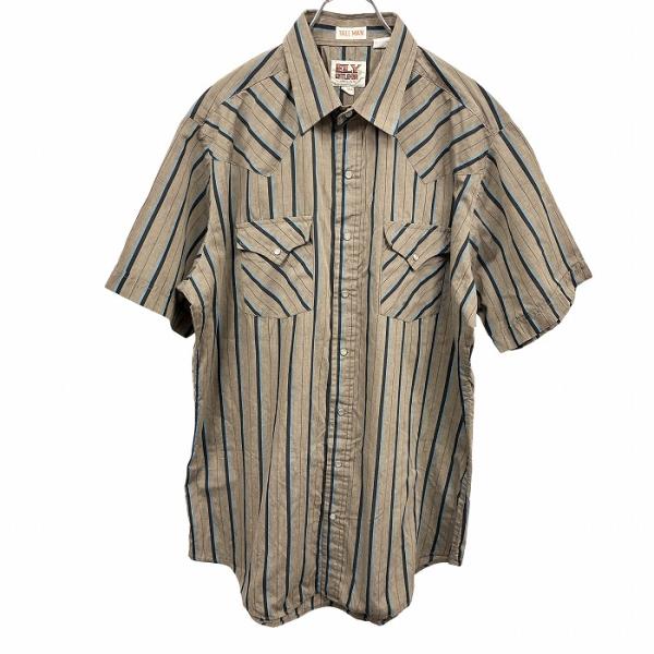 ELY CATTLEMAN ウエスタンシャツ ストライプ ドットボタン 半袖 ポリ×綿 L ヘザーグレーベージュ ベージュ系×水色×黒 メンズ