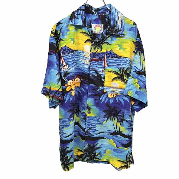 Marc Pooler アロハシャツ 海 花 ヨット ヤシの木 サンセット 半袖 レーヨン100% ブルー 青×紺×黄×緑×オレンジ×赤茶×黒 メンズ