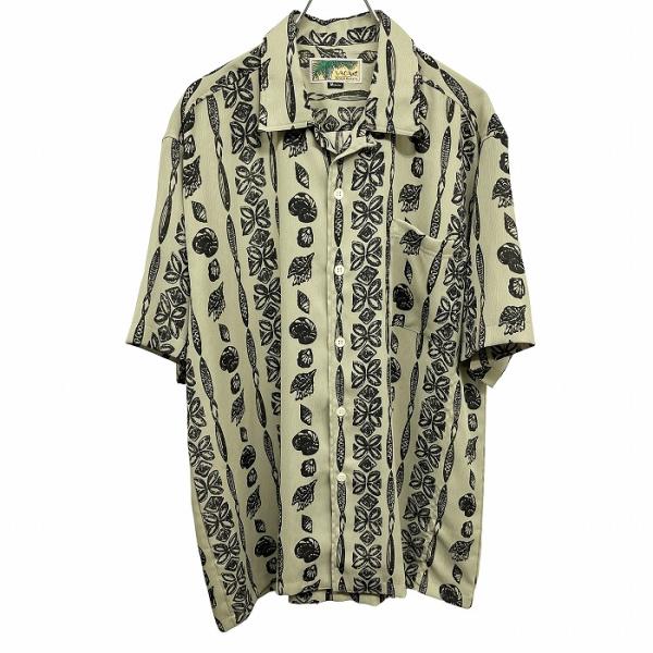ヴァカ VACA Beach Resort 楊柳 オープンカラーシャツ 開襟 マリン柄 貝 魚 花 半袖 胸ポケット 日本製 ポリ100% M グリーン 緑×黒 メンズ
