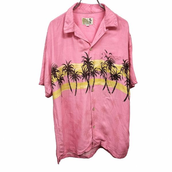 Mosh Bording アロハシャツ 開襟 ヤシの木 半袖 胸ポケット ボックスカット レーヨン100% M ピンク ピンク×茶×ベージュ メンズ