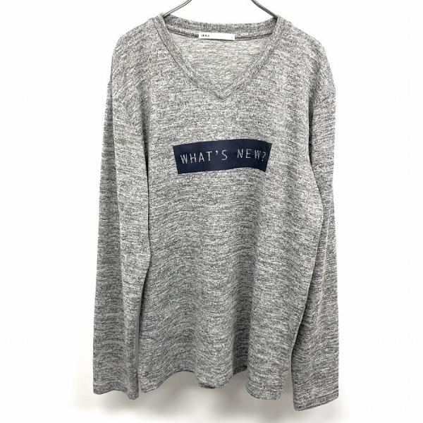 ikka イッカ L メンズ Tシャツ ストレッチ プリント 『WHAT'S NEW？』 Vネック 長袖 ポリエステル×レーヨン×ポリウレタン ヘザーグレー