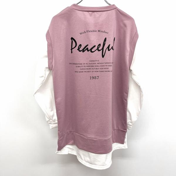 PREZZO プレッツォ M-L レディース Tシャツ レイヤード風 重ね着風 ミニ裏毛 両面ロゴプリント 丸首 長袖 ポリ100% ヘザーベイクドピンク