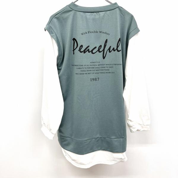 PREZZO - M-L レディース Tシャツ レイヤード風 重ね着風 ミニ裏毛 両面英字プリント 長袖 ポリ100% 杢カラー グリーン系×ホワイト 緑系