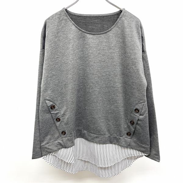 PREZZO - M-L レディース Tシャツ レイヤード風 重ね着風 ミニ裏毛 裾ストライプ 長袖 ポリ100% 杢グレー×ホワイト×グレー系 杢グレー