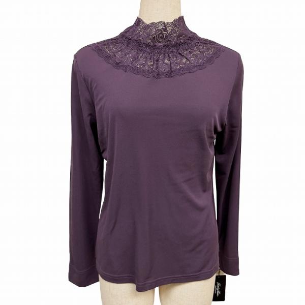 【新品】Vernice fresca 薄手 モックネックTシャツ 花柄スカラップレースネック 長袖 シルク100% 絹100% 46 パープル レディース