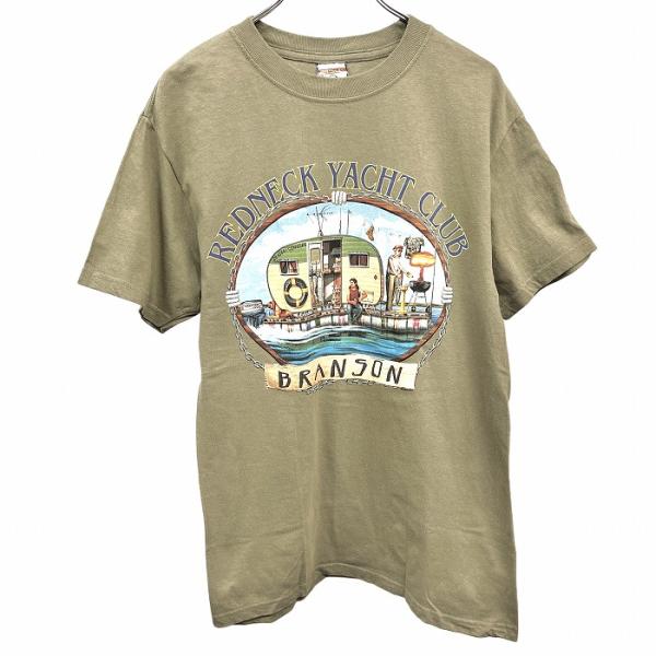 THE DUCK CO Tシャツ 輸入古着 ヨット イカダ 銃 ライフル 犬 海 キャンプ 英字 文字 プリント 半袖 綿100% S ヘザーカーキ レディース