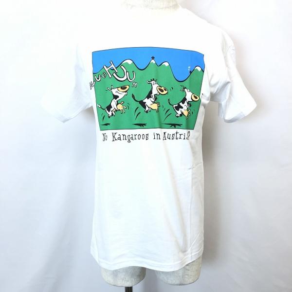 smile スマイル S メンズ インポート古着 若干薄手 Tシャツ カットソー プリント 乳牛 牧場 『No Kangaroos in Austria?』 半袖 綿100% 白