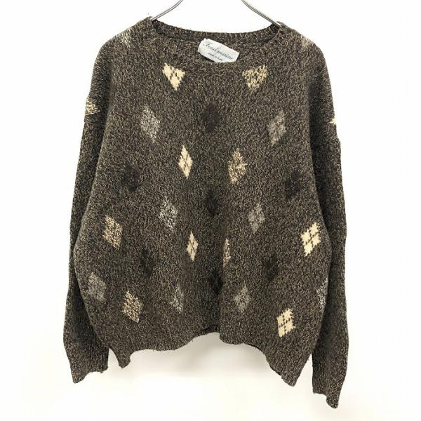 FOND MARINE - - メンズ 男性 ショート丈 プルオーバー ニット セーター アーガイルチェック 丸首 長袖 イタリア製 - ダークブラウン 茶系