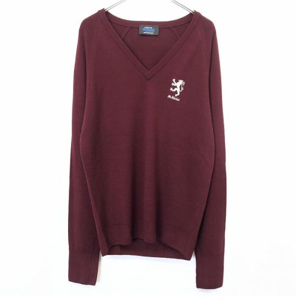 Mcritchie Of Edinburgh - 107cm 42インチ メンズ ニット セーター 刺繍 Vネック ラグラン 長袖 ピュアウール100% ボルドー レッド系 赤茶